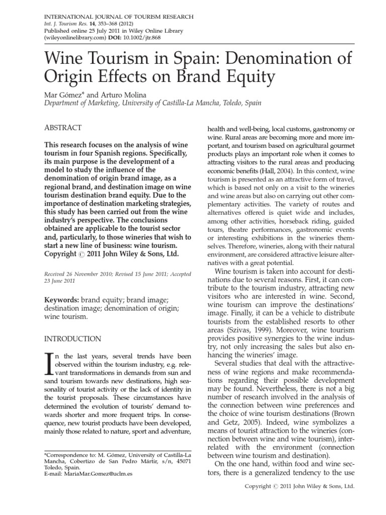 Wine Tourism in Spain Denomination of Origin Effects On Brand Equity ...