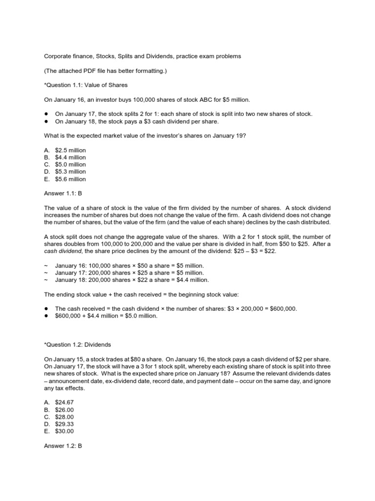 Corporate finance practice exam: Stocks, Splits and Dividends | PDF ...