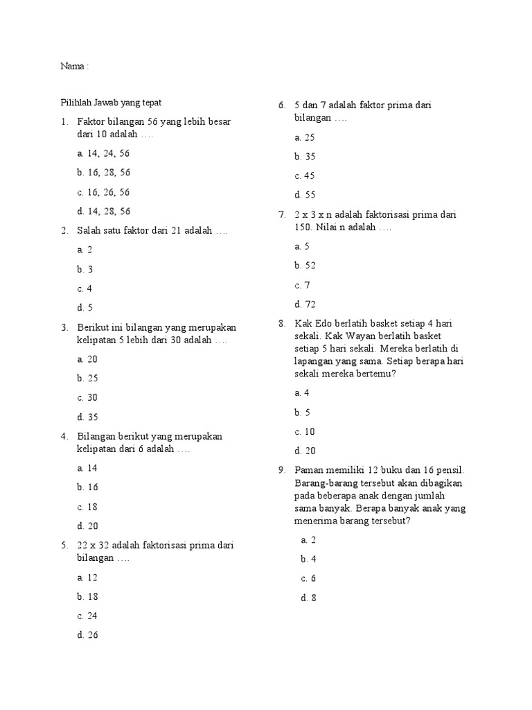 Soal Matematika KPK Dan FPB Kelas 4 SD Dan Kunci Jawabannya | PDF