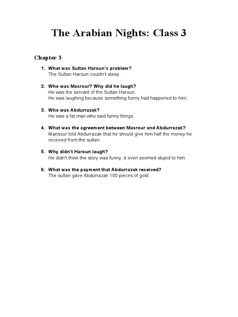 The Arabian Nights: Class 3: 1. What Was Sultan Haroun's Problem? | PDF