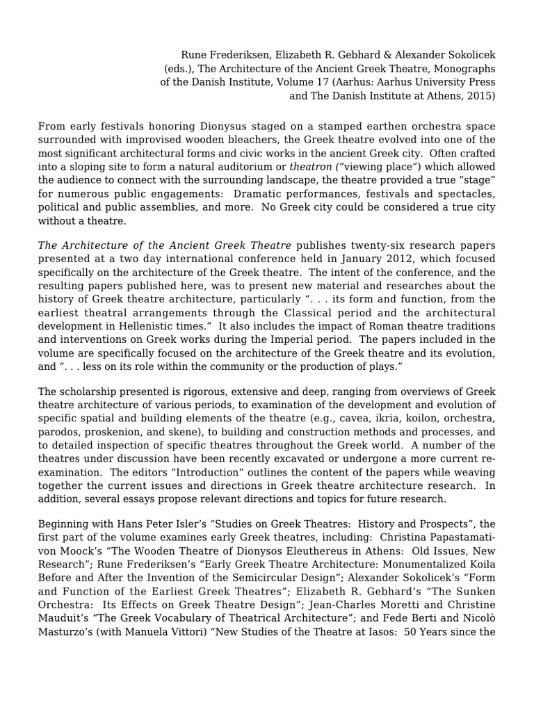 The Architecture of The Ancient Greek Theatre Publishes Twenty-Six ...