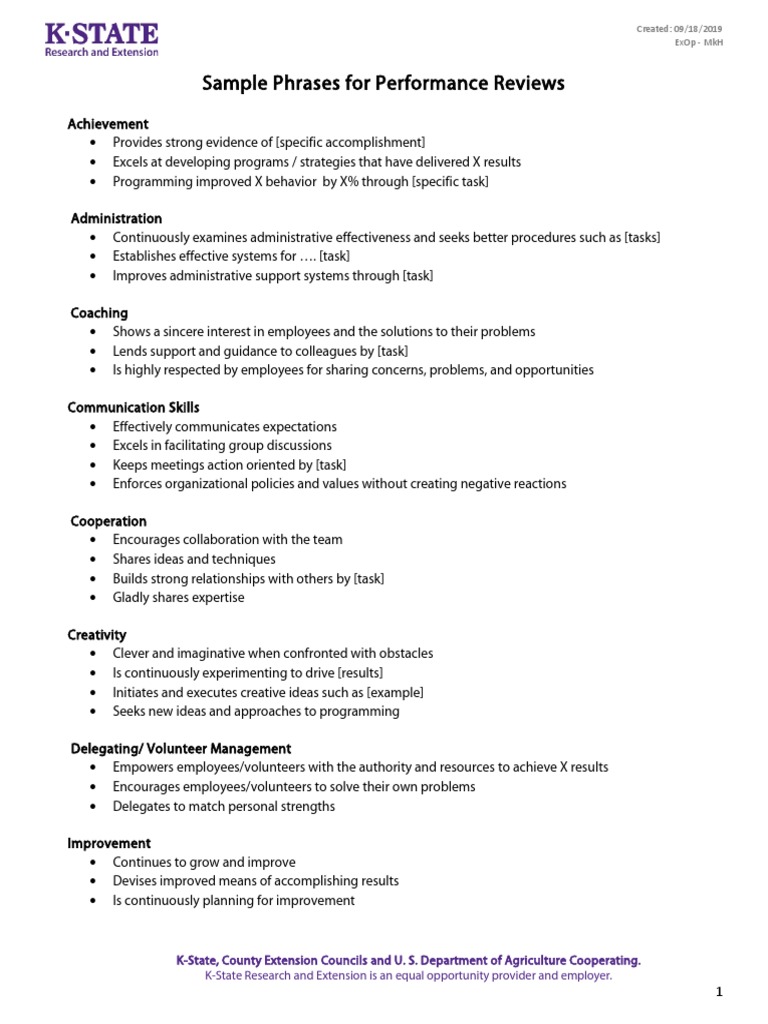 Sample Phrases For Performance Reviews | PDF | Performance Appraisal ...