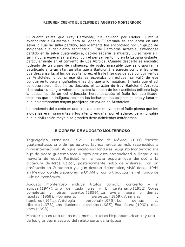 Resumen Cuento El Eclipse de Augusto Monterroso | PDF | Guatemala ...