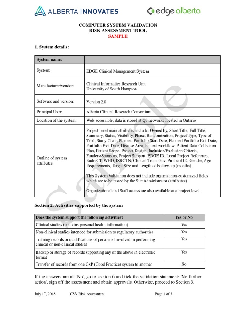 CSV RISK ASSESSMENT V1 22 August 2019 Final | PDF | Clinical Trial ...