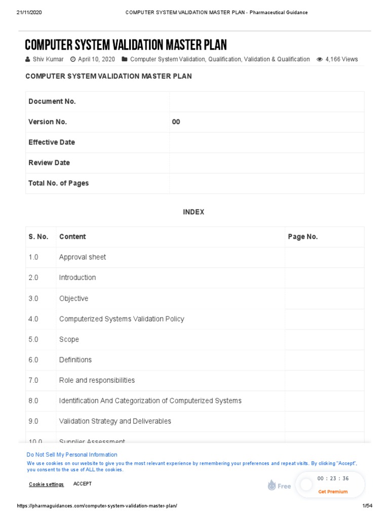 COMPUTER SYSTEM VALIDATION MASTER PLAN - Pharmaceutical Guidance | PDF ...