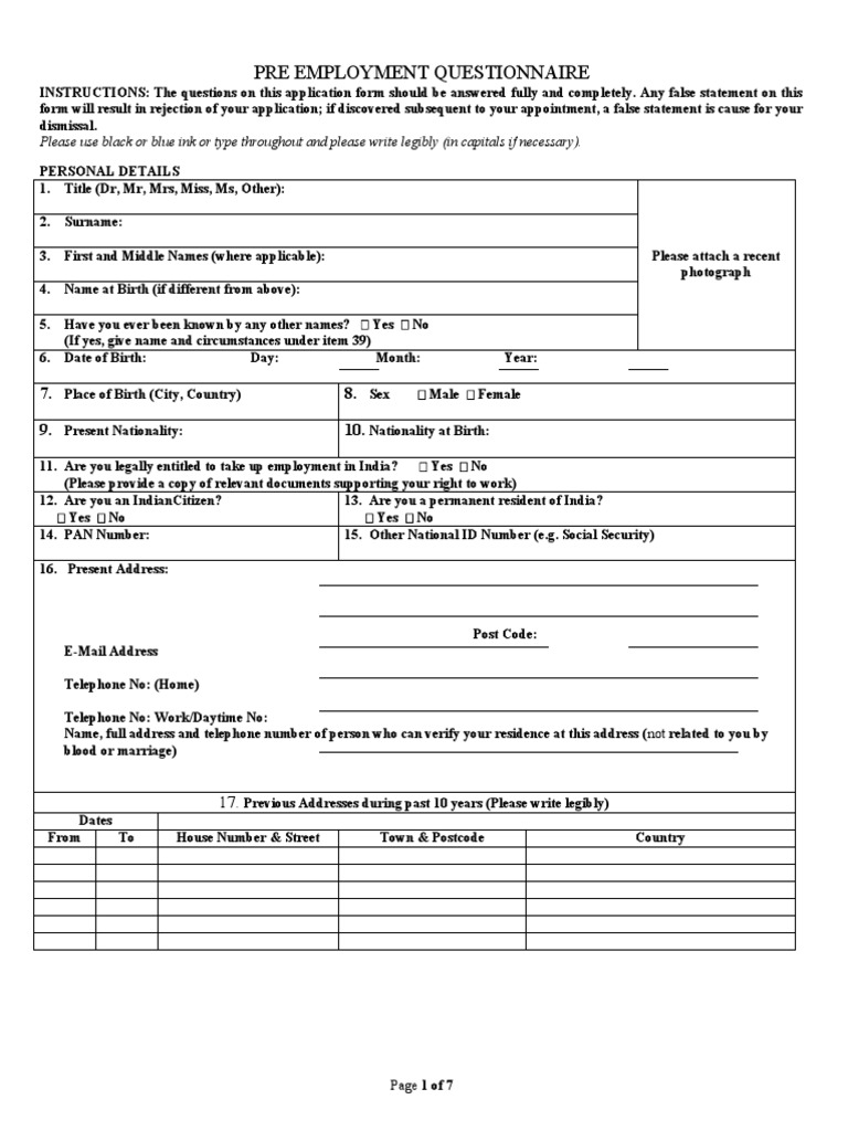 Pre Employment Questionnaire | PDF | Marriage | Nationality