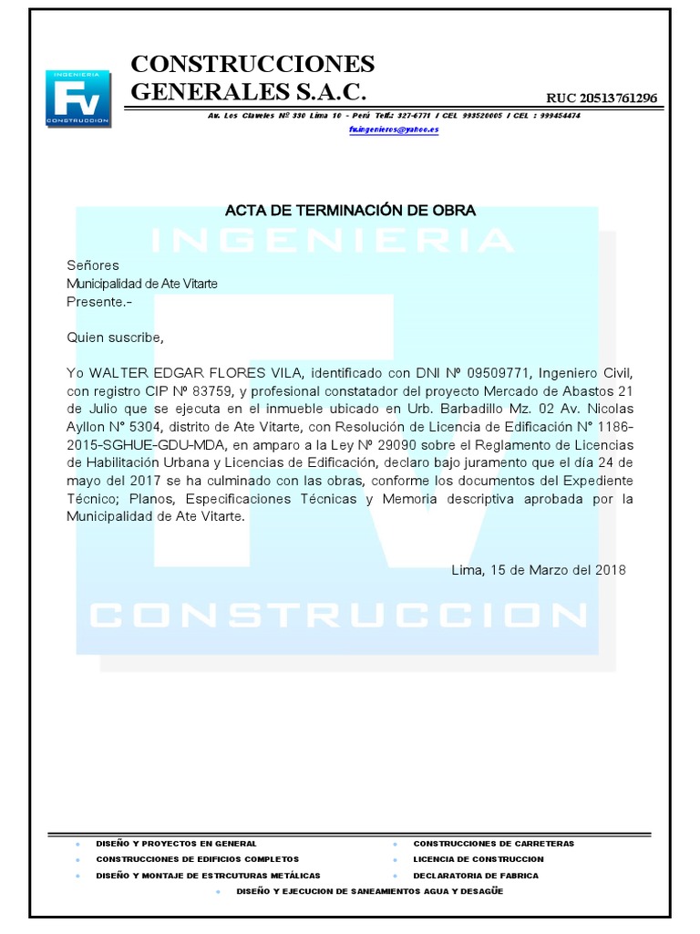 Acta de Terminación de Obra | PDF