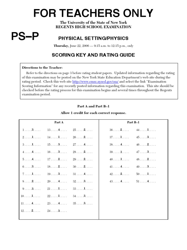 For Teachers Only PS-P: Physical Setting/Physics Scoring Key and Rating ...
