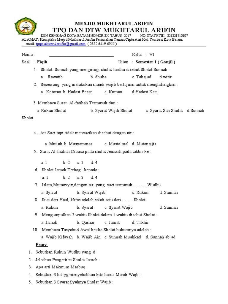 Soal Ujian Tahsinul Kitabah Kelas VI | PDF