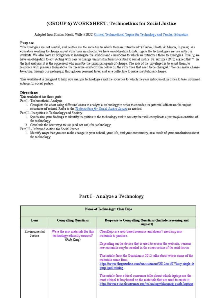 Group 6 Worksheet Technoethics For Social Justice - Mcginn | PDF ...