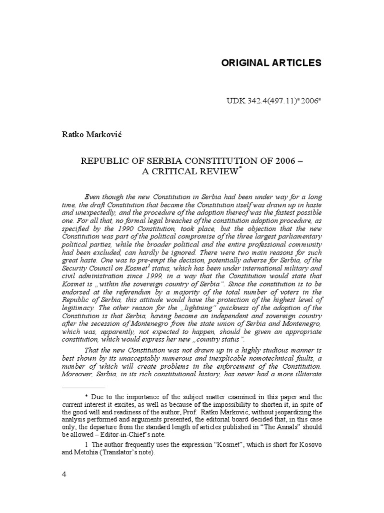 Critical Review of Serbia's 2006 Constitution | PDF | Constitution ...