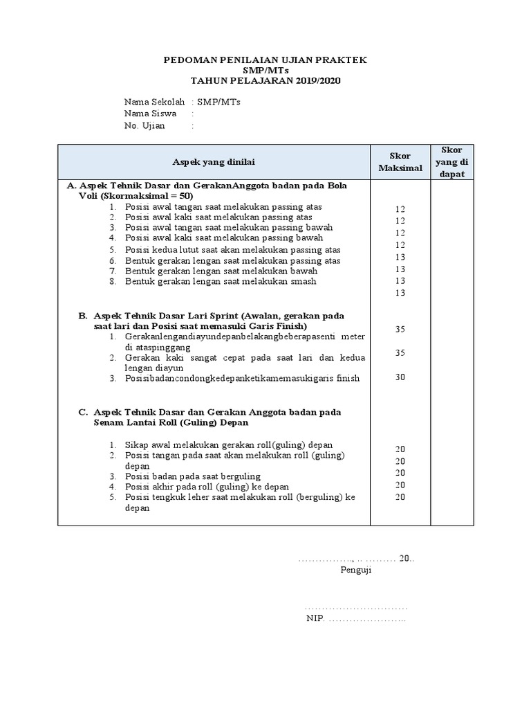 Pedoman Penilaian Ujian Praktik PJOK SMP MTs | PDF