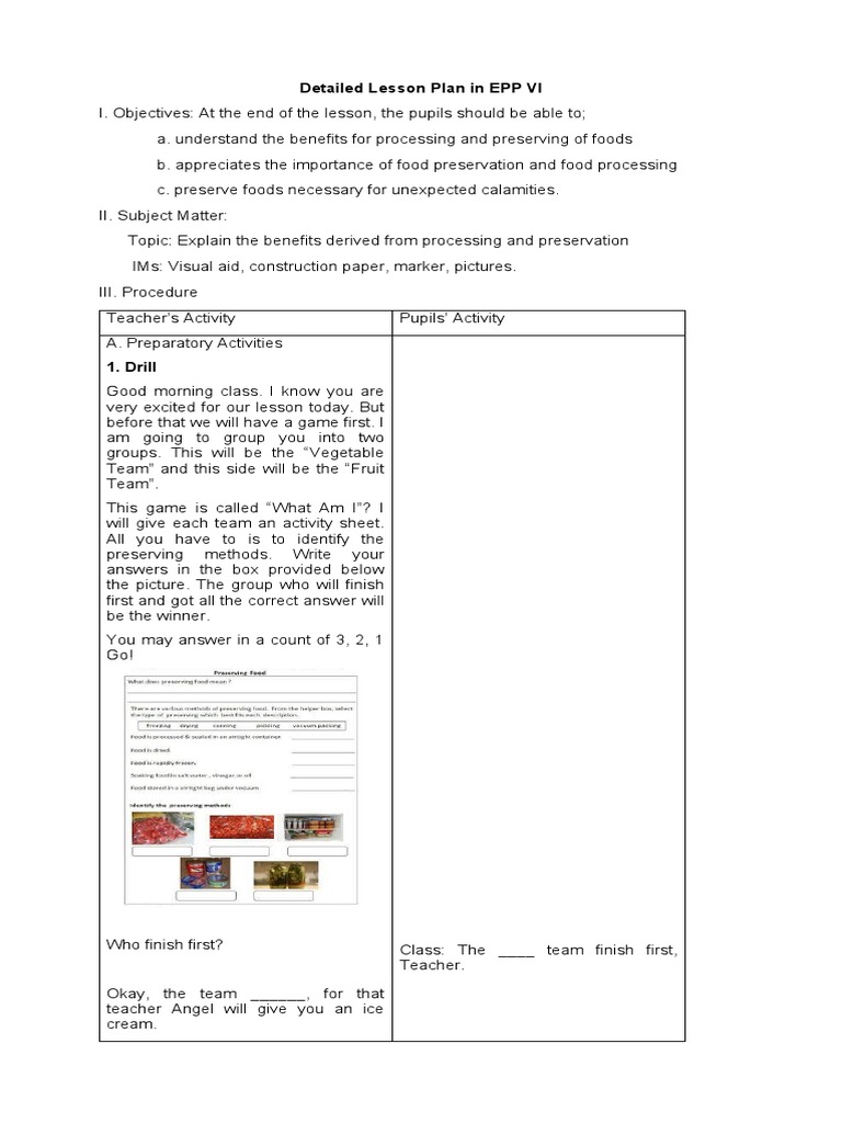 Detailed Lesson Plan in EPP VI | PDF | Food Preservation | Food Processing