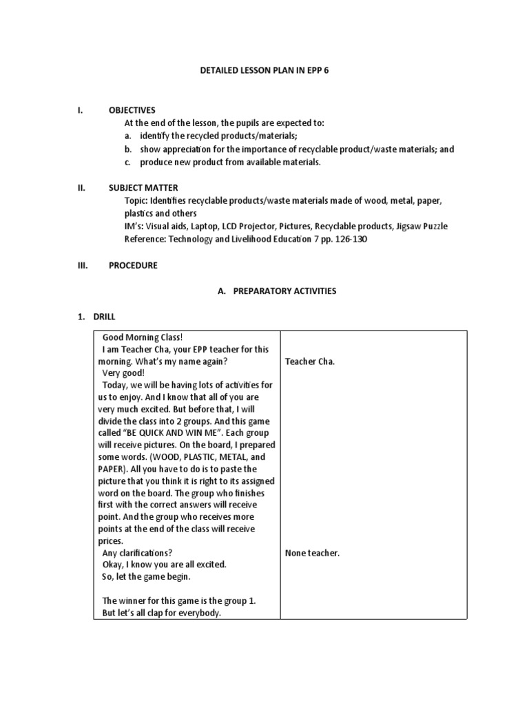 Detailed Lesson Plan in Epp 6 | PDF | Recycling | Lesson Plan