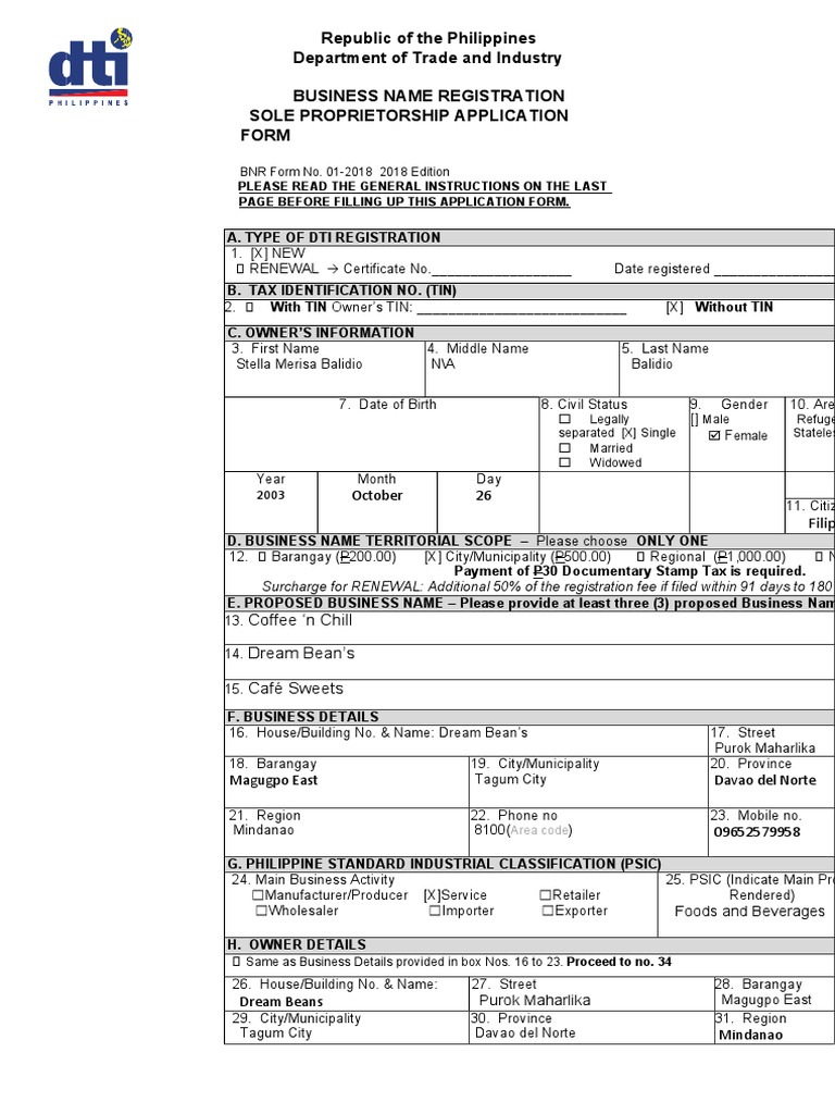 Republic of The Philippines Department of Trade and Industry Business ...