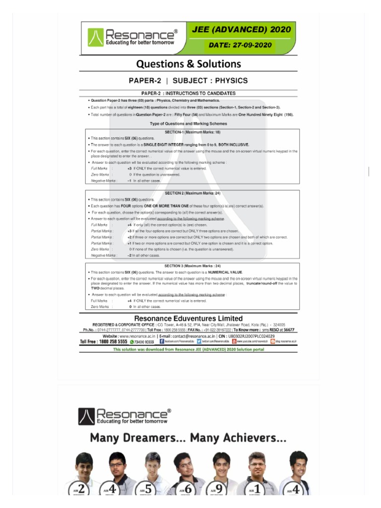 Jee Advanced 2020 Paper 2 Resonance Physics Questions and Solutions PDF ...