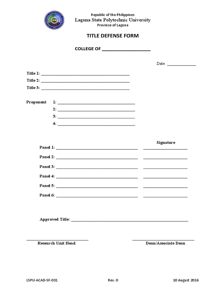 Title Defense Form: COLLEGE OF | PDF