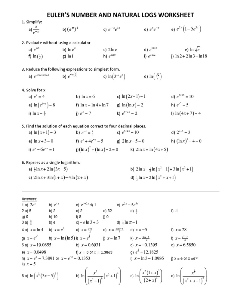 Euler'S Number and Natural Logs Worksheet: Lne ln1 | PDF | Teaching ...