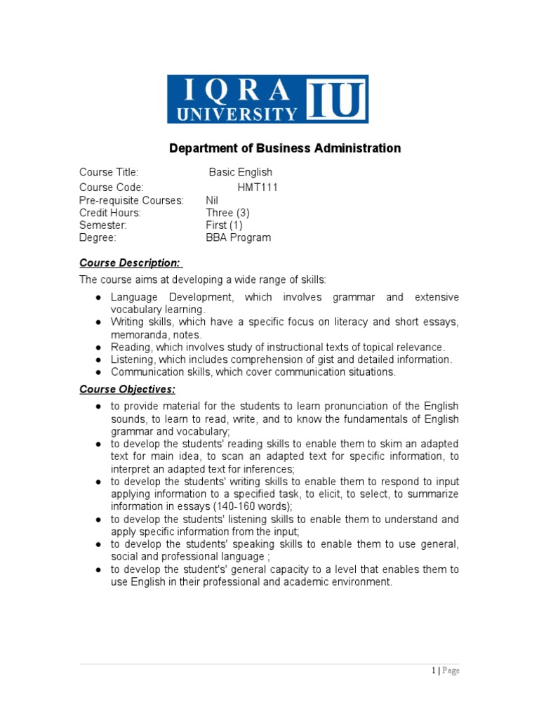 BBA Basic English Course Syllabus | PDF | Verb | Phrase