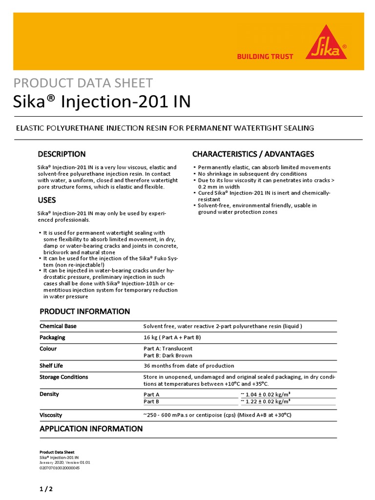 Sika® Injection-201 IN: Product Data Sheet | PDF | Viscosity | Pump