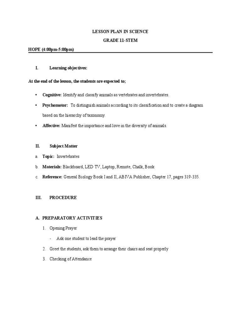Grade 11 Invertebrate Science Lesson Plan | PDF | Invertebrate | Mollusca