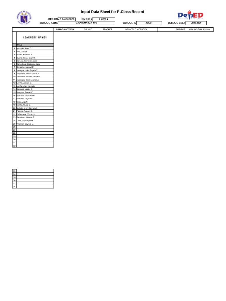 Input Data Sheet For E-Class Record: Region Division School Name School ...