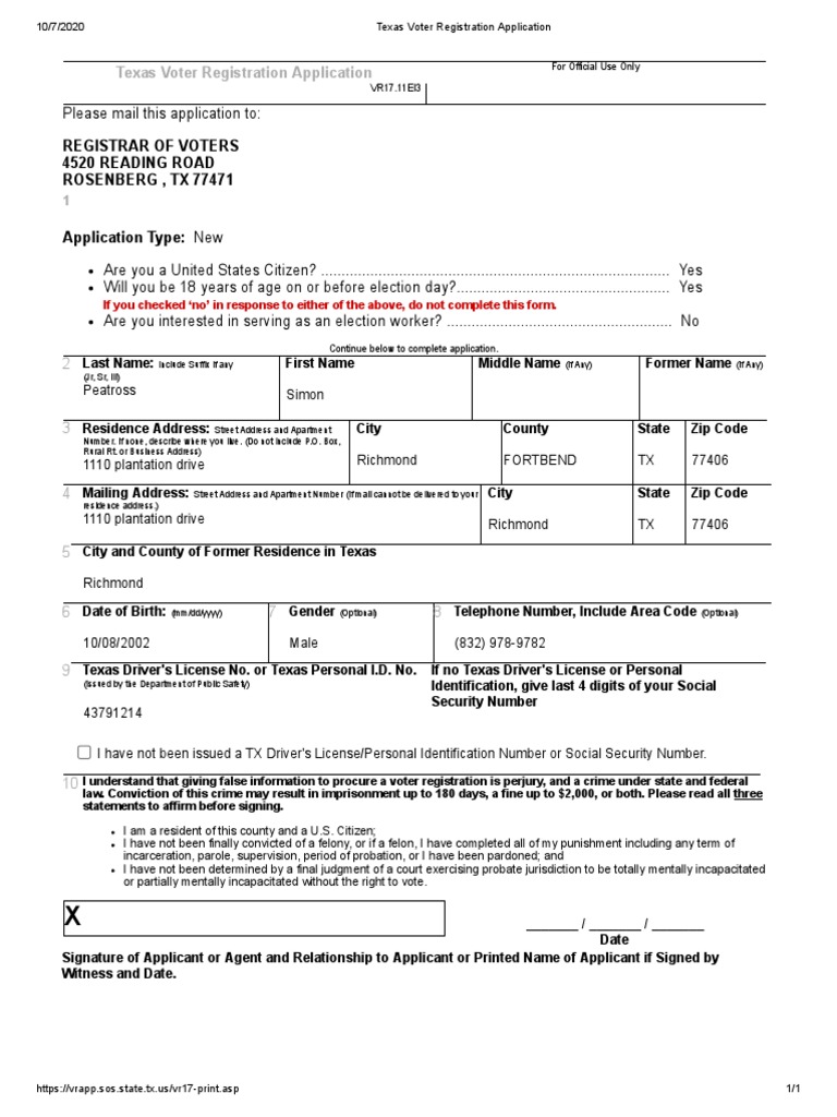 Texas Voter Registration Form | PDF | Voter Registration | Felony