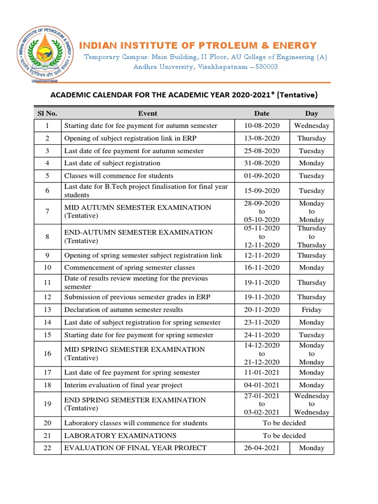 Indian Institute of Ptroleum & Energy: Academic Calendar For The ...