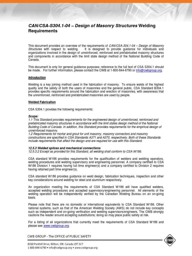 Requirements: CAN/CSA-S304.1-04 - Design of Masonry Structures Welding ...
