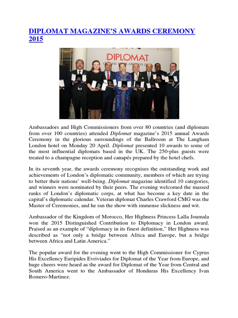 Diplomat Magazine'S Awards Ceremony | PDF | Diplomatic Mission | Ambassador