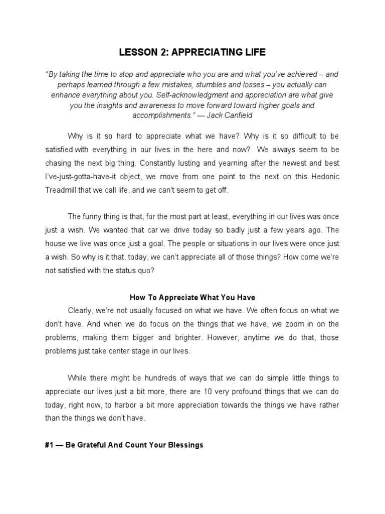 Lesson 2: Appreciating Life: How To Appreciate What You Have | PDF