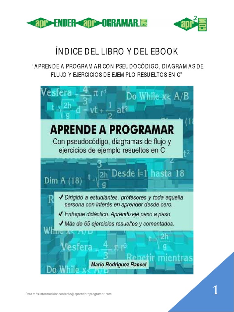 Indice Libro y Ebook Aprende A Programar Pseudocodigo Diagramas de Flujo C PDF | PDF | Lenguaje ...