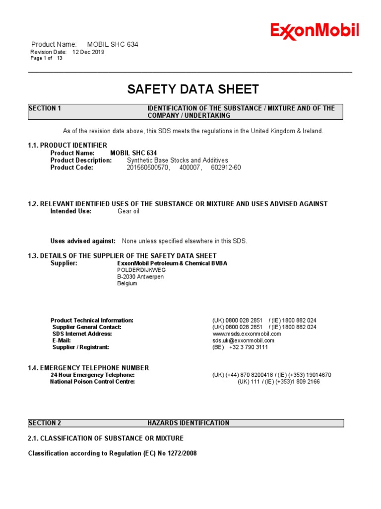 Safety Data Sheet: Product Name: MOBIL SHC 634 | PDF | Toxicity | Waste Management