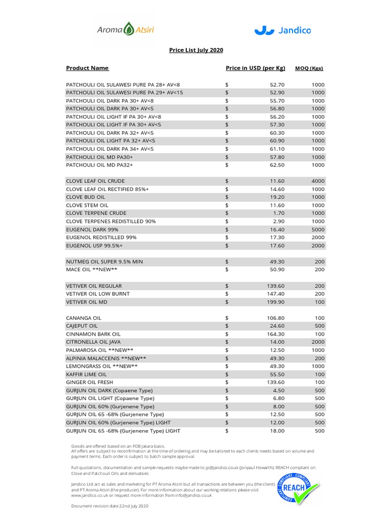 Price List July 2020: MOQ (KGS) | PDF | Clove | Spice