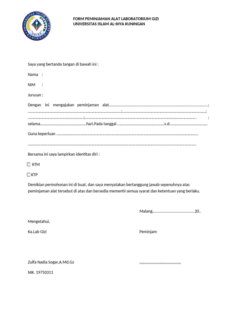 Form Peminjaman Alat Lab. Gizi | PDF