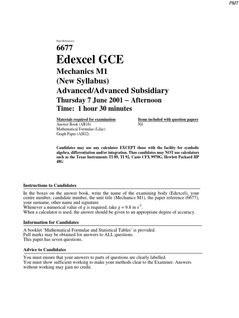 June 2001 QP - M1 Edexcel | PDF | Speed | Force