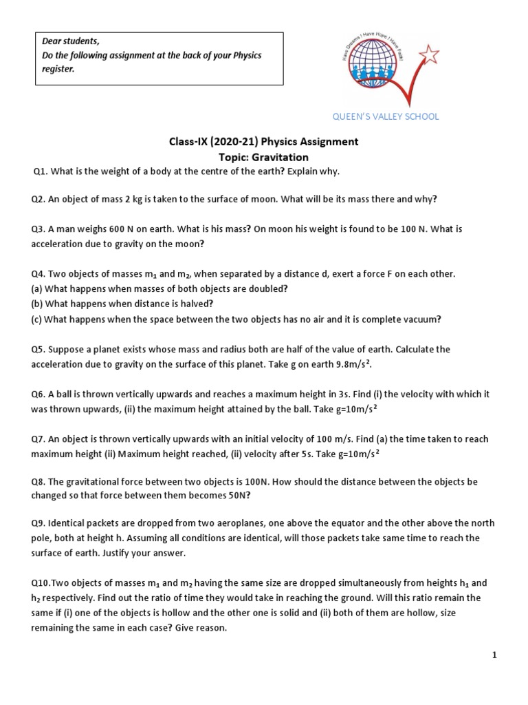 CLASS - 9 Physics Assignment Gravitation | PDF
