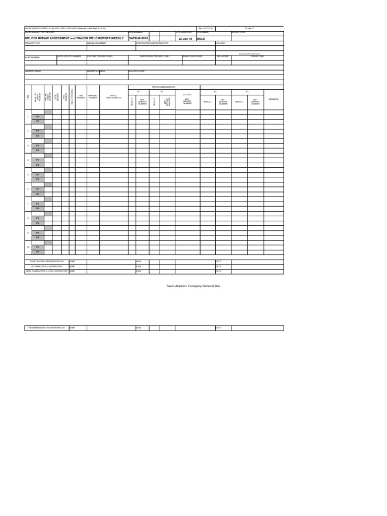 Weekly Welder Repair Assessment and Tracer Weld Report Detailing ...