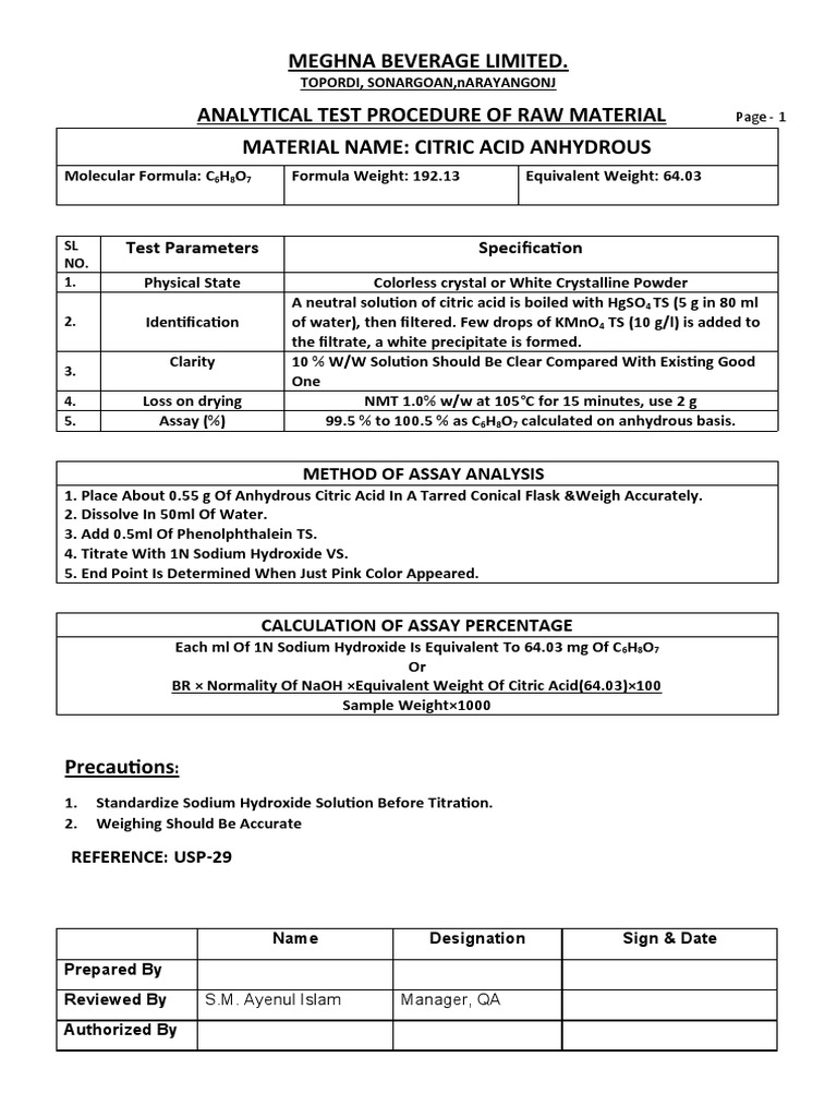 Analytical Test Procedure | PDF | Titration | Chemistry