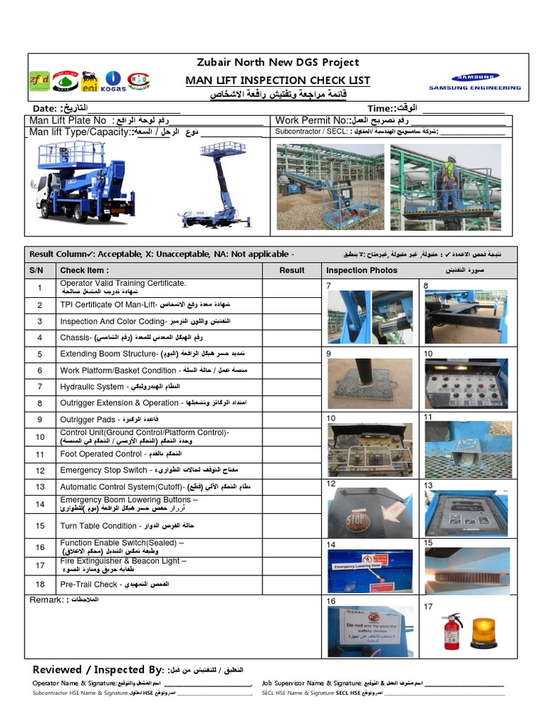 Man Lift Inspection Checklist | PDF | Elevator | Manufactured Goods