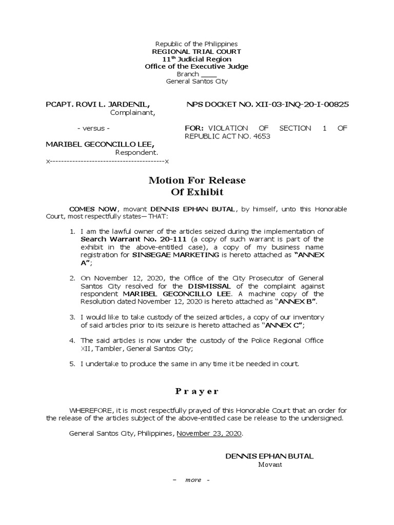 Motion To Release Exhibit Sample | PDF | Affidavit | Criminal Law