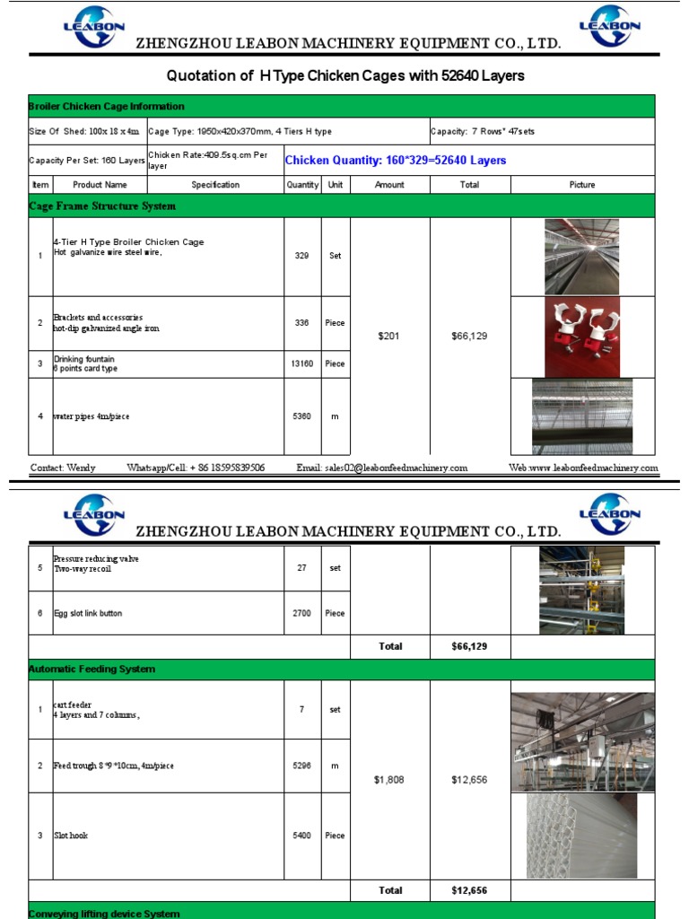 FOB Quotation of Chicken Cages For 52640 Layers-Wendy (LEABON) | PDF ...
