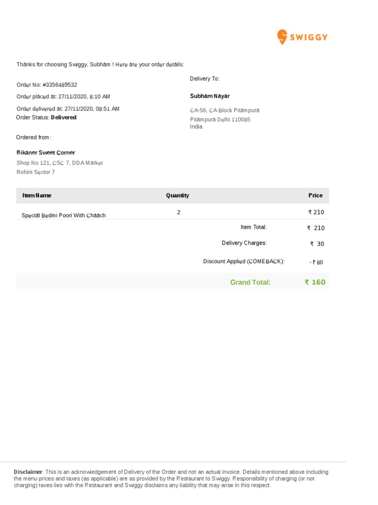 Swiggy Single Item | PDF | Invoice | Fee