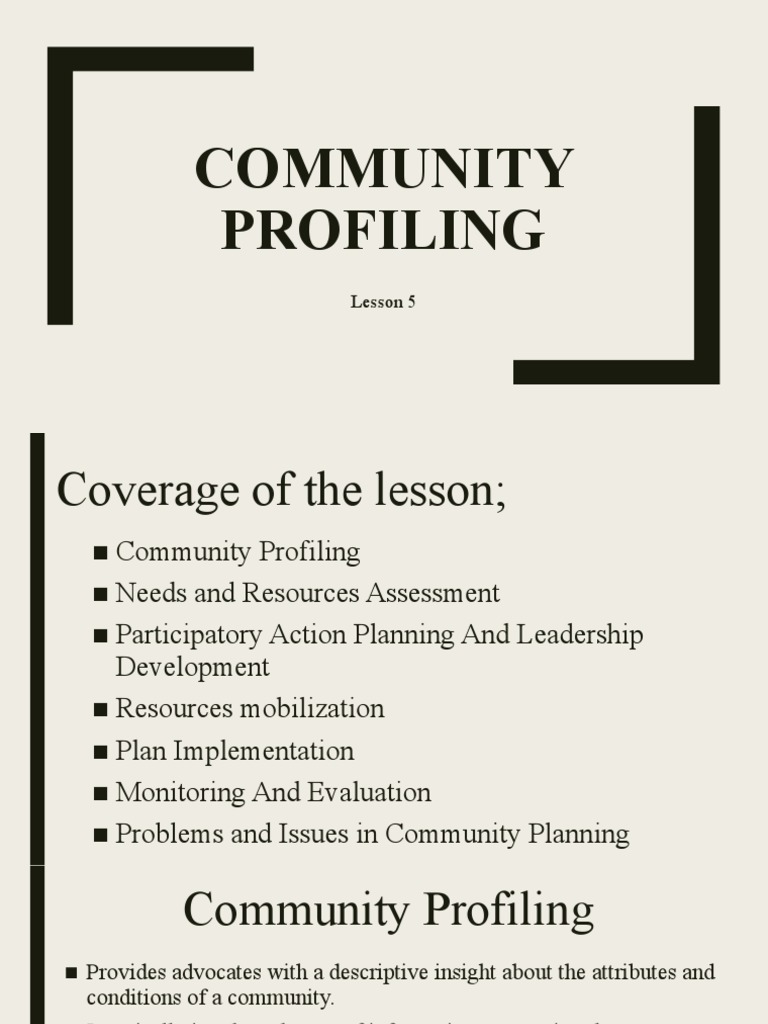Community Profiling: Lesson 5 | PDF | Needs Assessment | Community