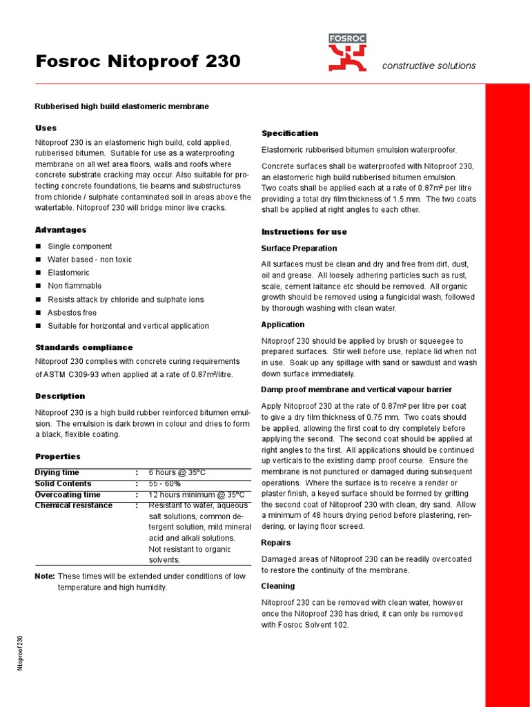 Fosroc Nitoproof 230: Constructive Solutions | PDF | Asphalt | Concrete