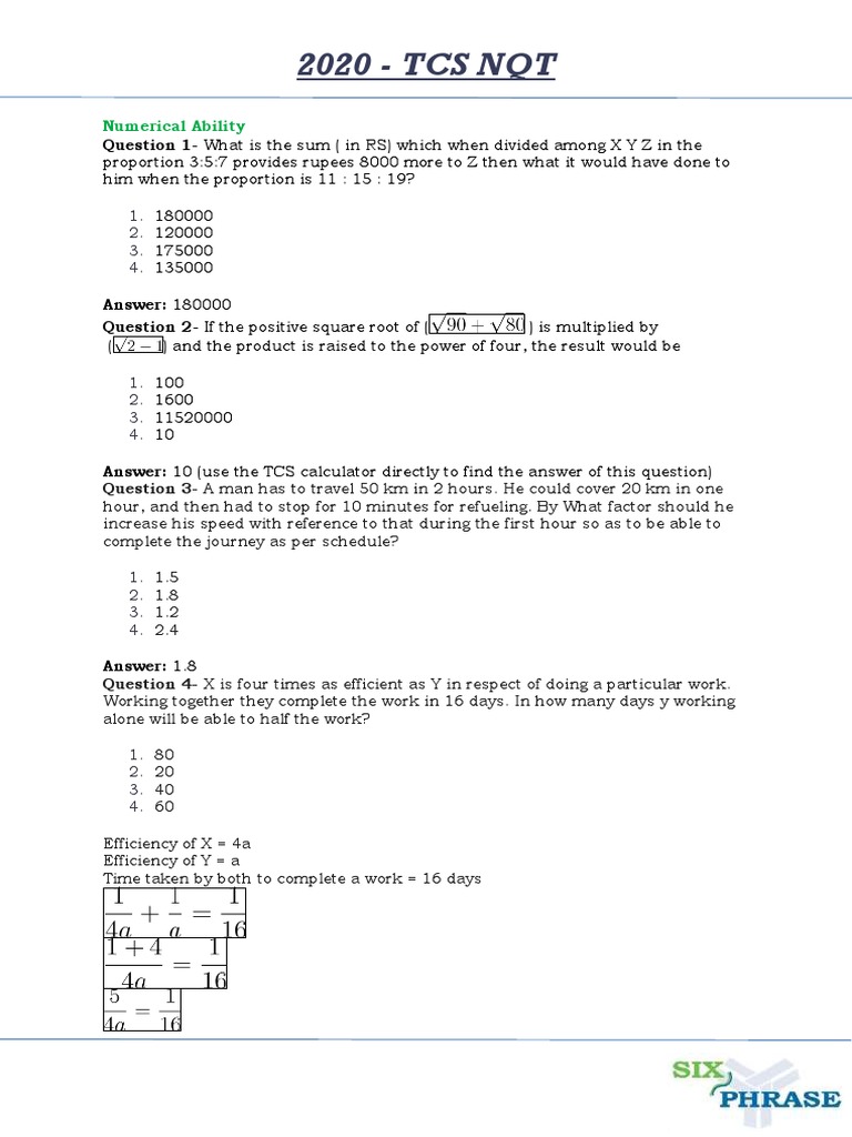 Six Phrase - 2020 - TCS NQT - Slot 1 | PDF | Pointer (Computer Programming) | Variable (Computer ...