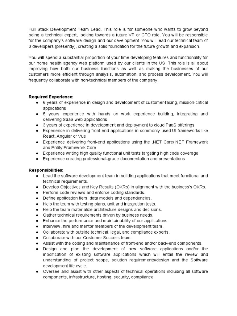 Full Stack Development Team Lead (Devops) - For RhinoBill Systems Inc ...