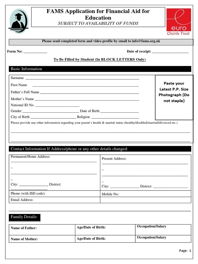 FAMS Application For Financial Aid For Education: Subject To ...