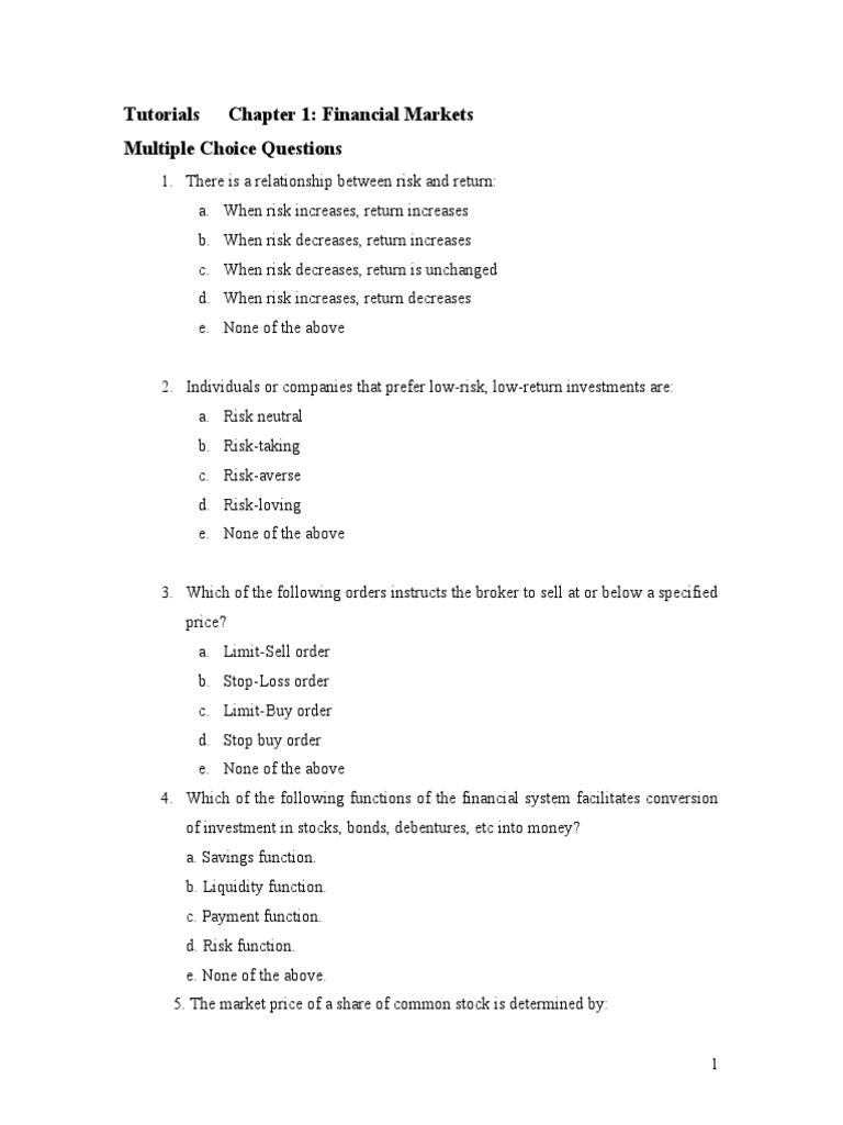 Tutorials Chapter 1: Financial Markets Multiple Choice Questions | PDF ...
