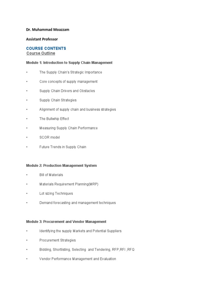 NUST Supply Chain Management Course Outline | PDF | Supply Chain ...